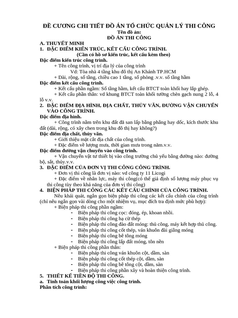 De Cuong Chi Tiet Do An To Chuc Quan Ly Thi Cong - KX | PDF