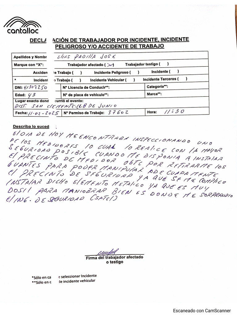 Declaracion de Trabajo Por Incidete Elias Padilla Jose y Carranza Coila Ernesto | PDF