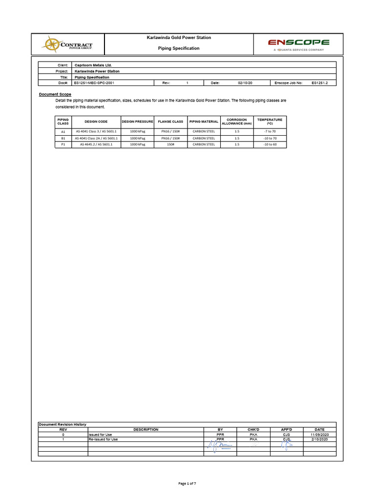 ES1251-MEC-SPC-2001 - 1 - Piping Class Specification | PDF | Pipe (Fluid Conveyance) | Building ...