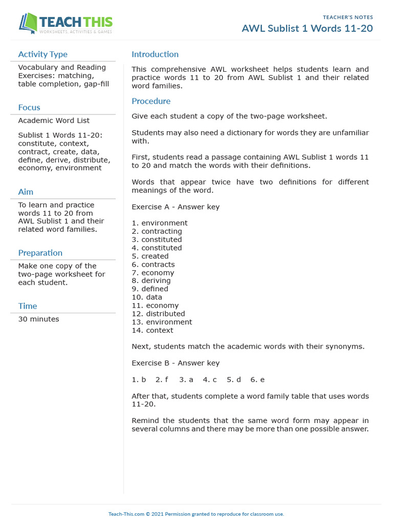 Awl Sublist 1 Words 11 20 Worksheet | PDF | Word | Noun