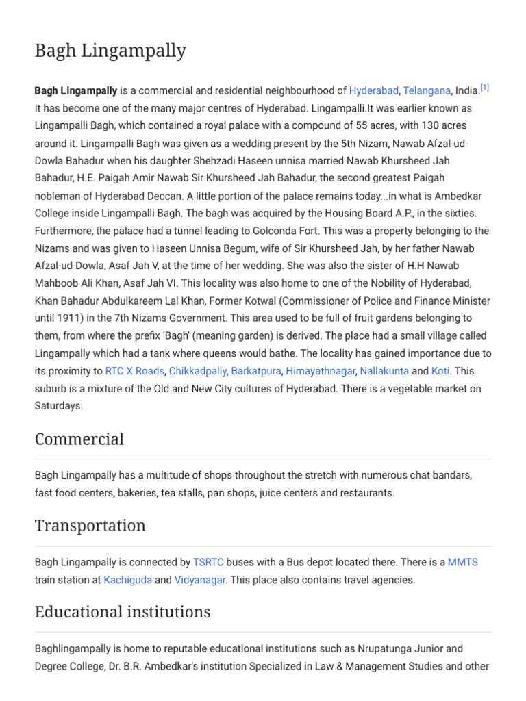 Bagh Lingampally - Wikipedia | PDF