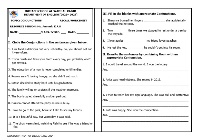 1537996-Ws 1 - Conjunctions - Recall Worksheet | PDF