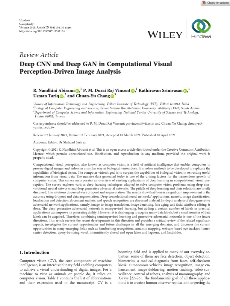 Complexity - 2021 - Nandhini Abirami - Deep CNN and Deep GAN in Computational Visual Perception ...