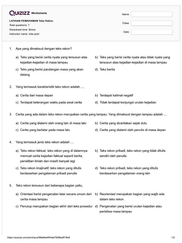 LATIHAN PEMAHAMAN Teks Rekon - Quizizz | PDF