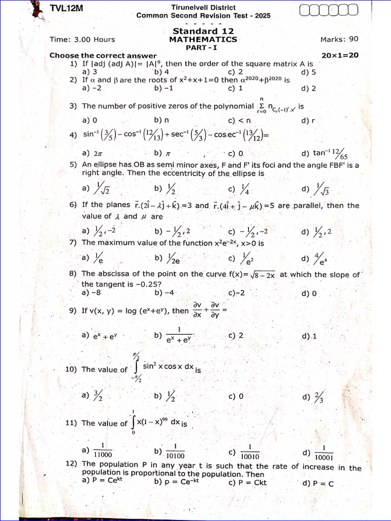 12th Maths EM 2nd Revision Exam 2025 Question Paper With Answer Keys Thenkasi District English ...