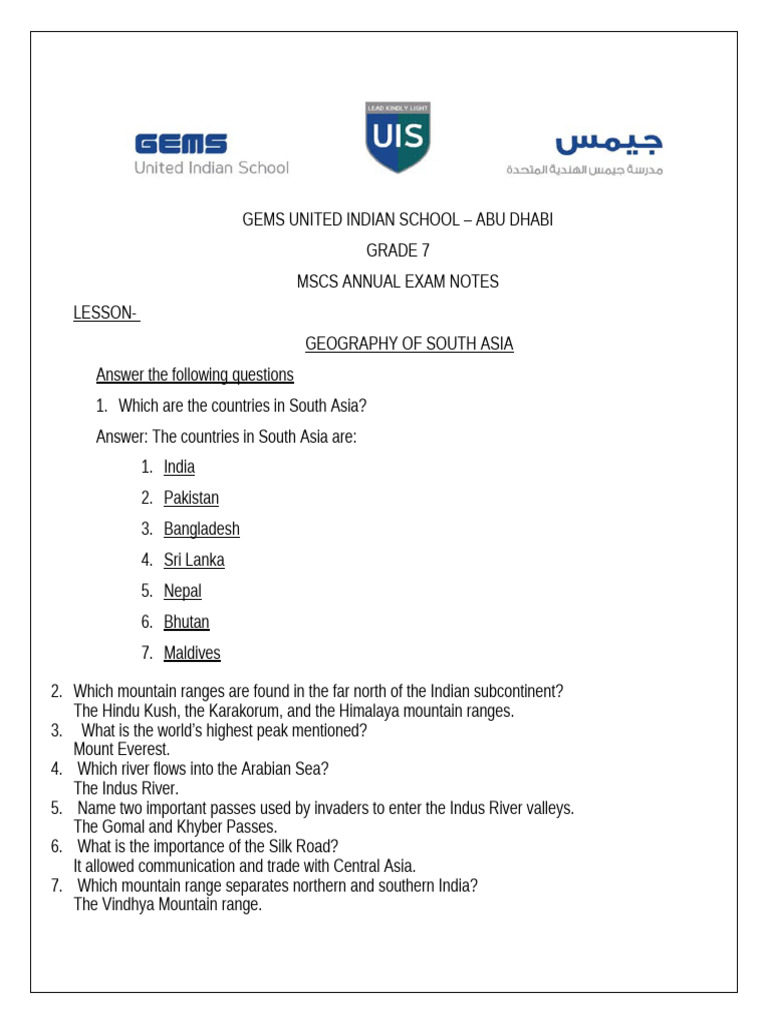 South Asia Geography Exam Notes | PDF