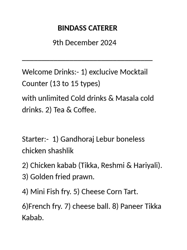 Bindass Caterer Menu Overview | PDF