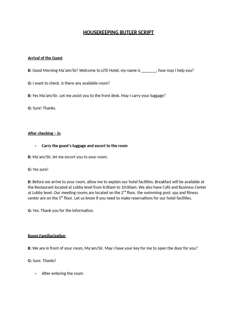 Housekeeping Butler Script | PDF