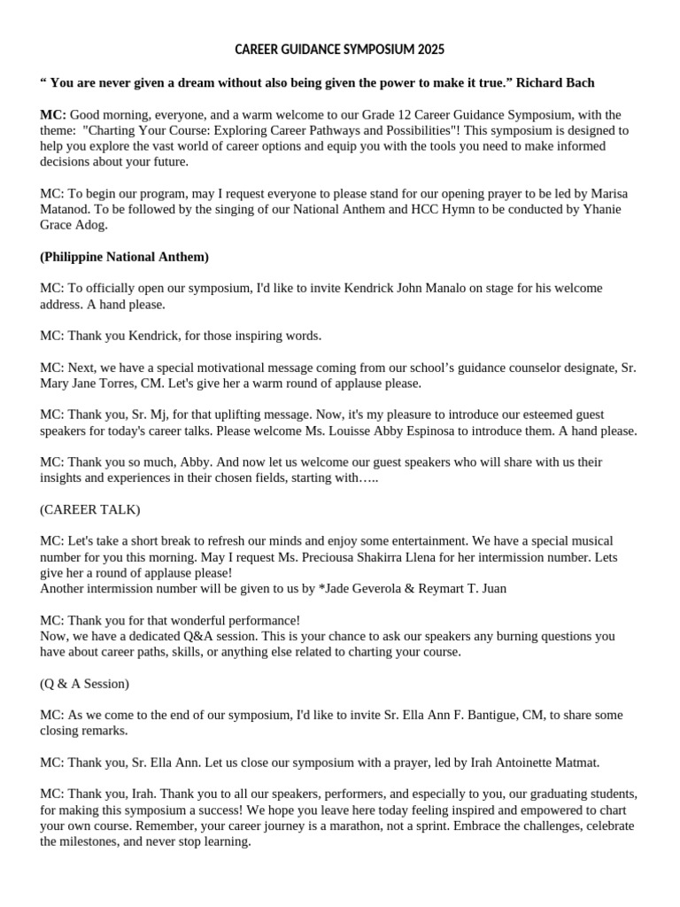 CAREER GUIDANCE SYMPOSIUM 2025 Script | PDF