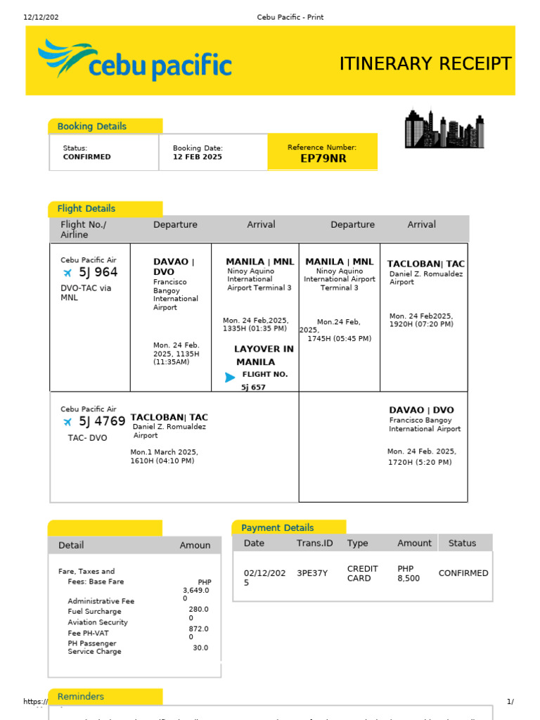 Cebu Pacific Flight Itinerary Details | PDF | Fee | Aviation