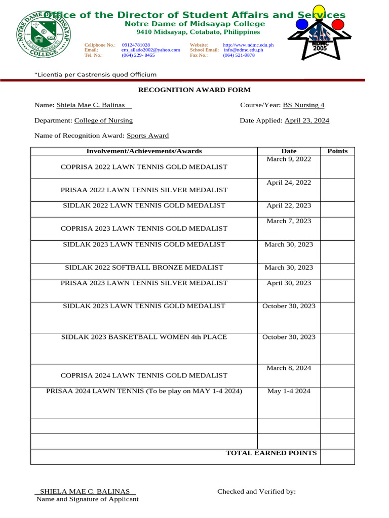 Recognition Award FormBALINAS | PDF
