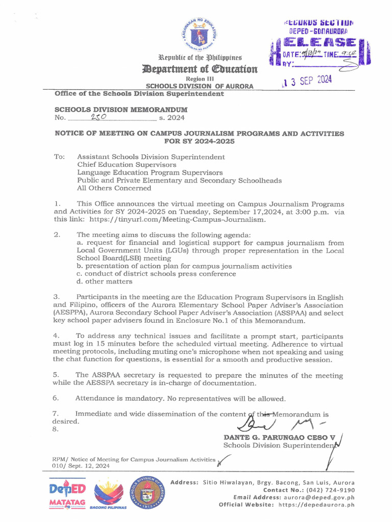 Division Memo Notice Meeting Campus-Juornalism-Programs Activities Sy ...