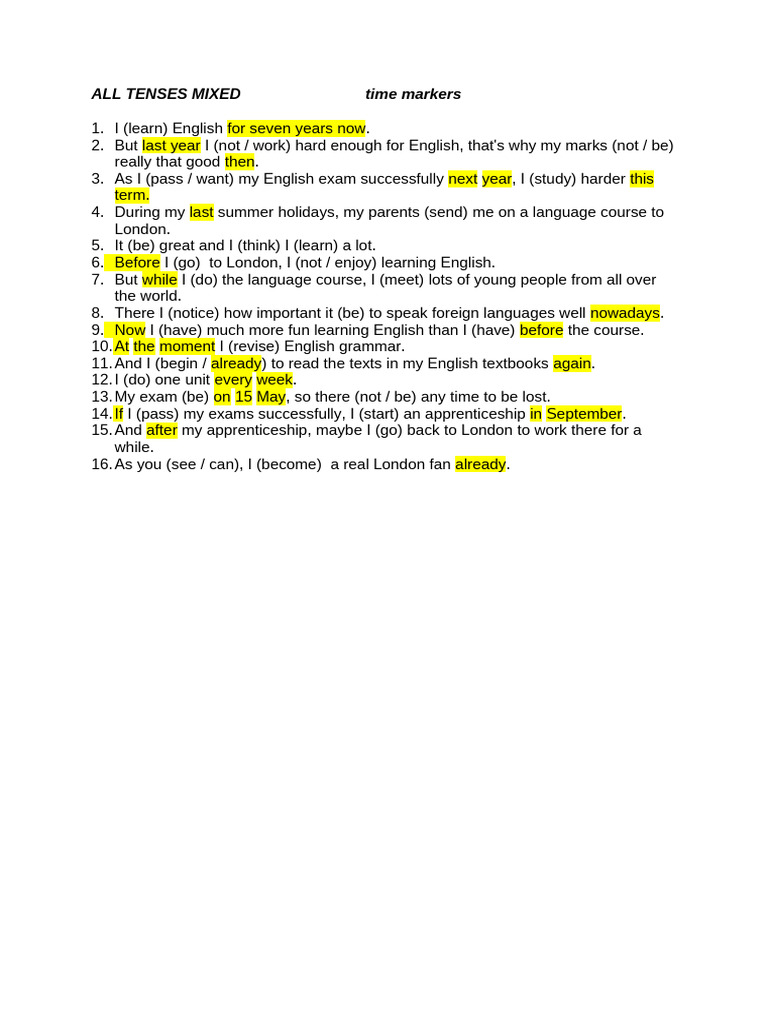ALL TENSES MIXED EXERCISES Time Markers | PDF