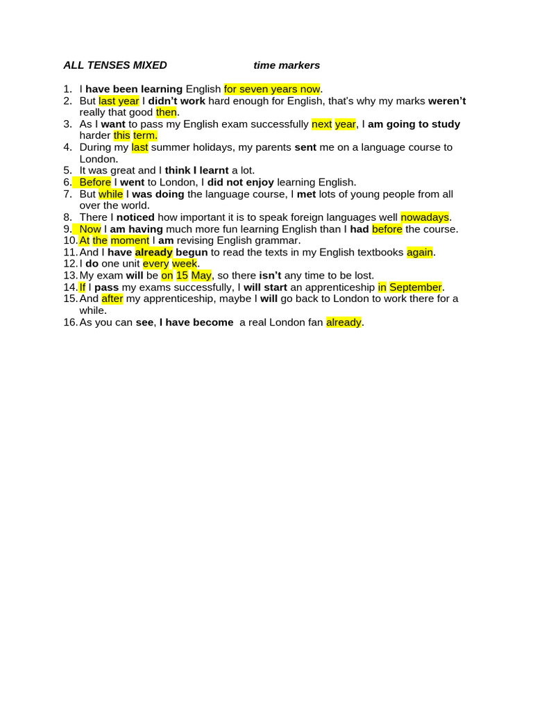 ALL TENSES MIXED EXERCISES time markers | PDF | English Language ...