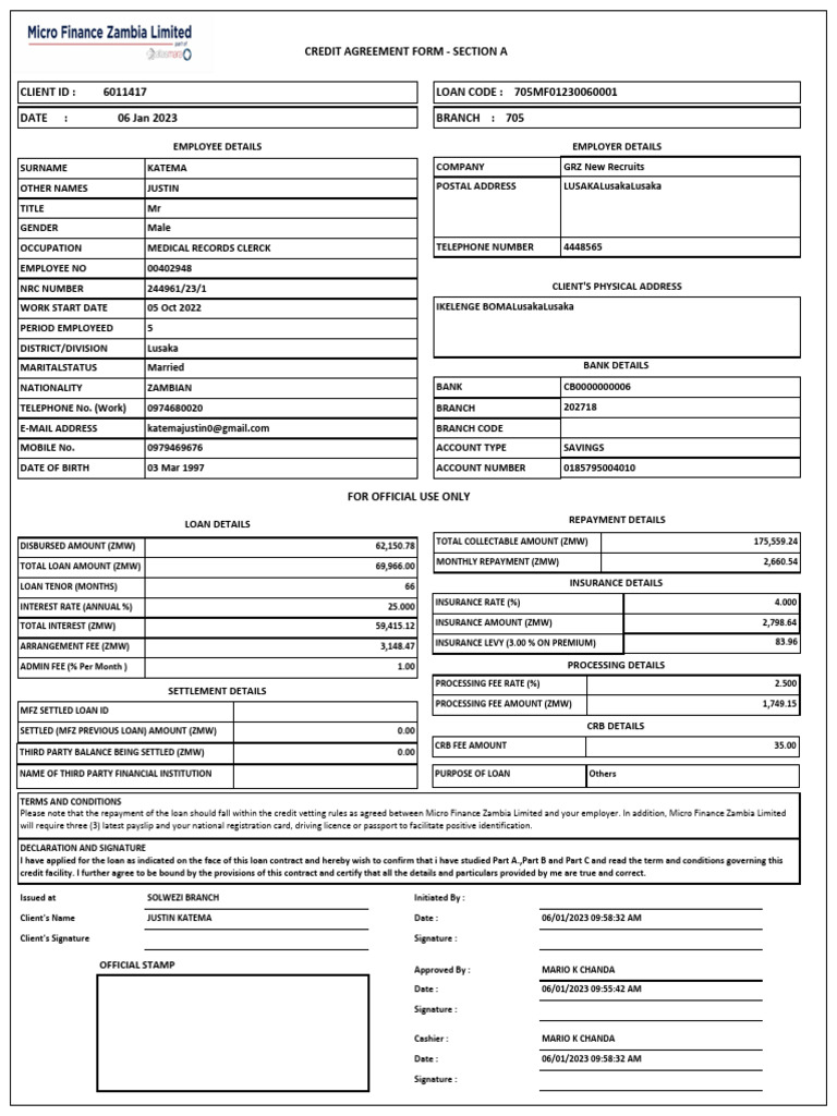 Katema Justine Mfzloancontractv2 | PDF | Credit | Finance & Money ...