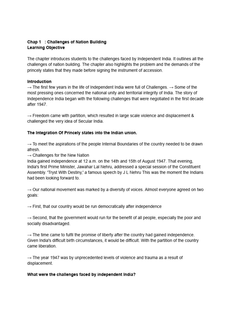 The Challenges of Nation Building Notes. | PDF | Partition Of India ...