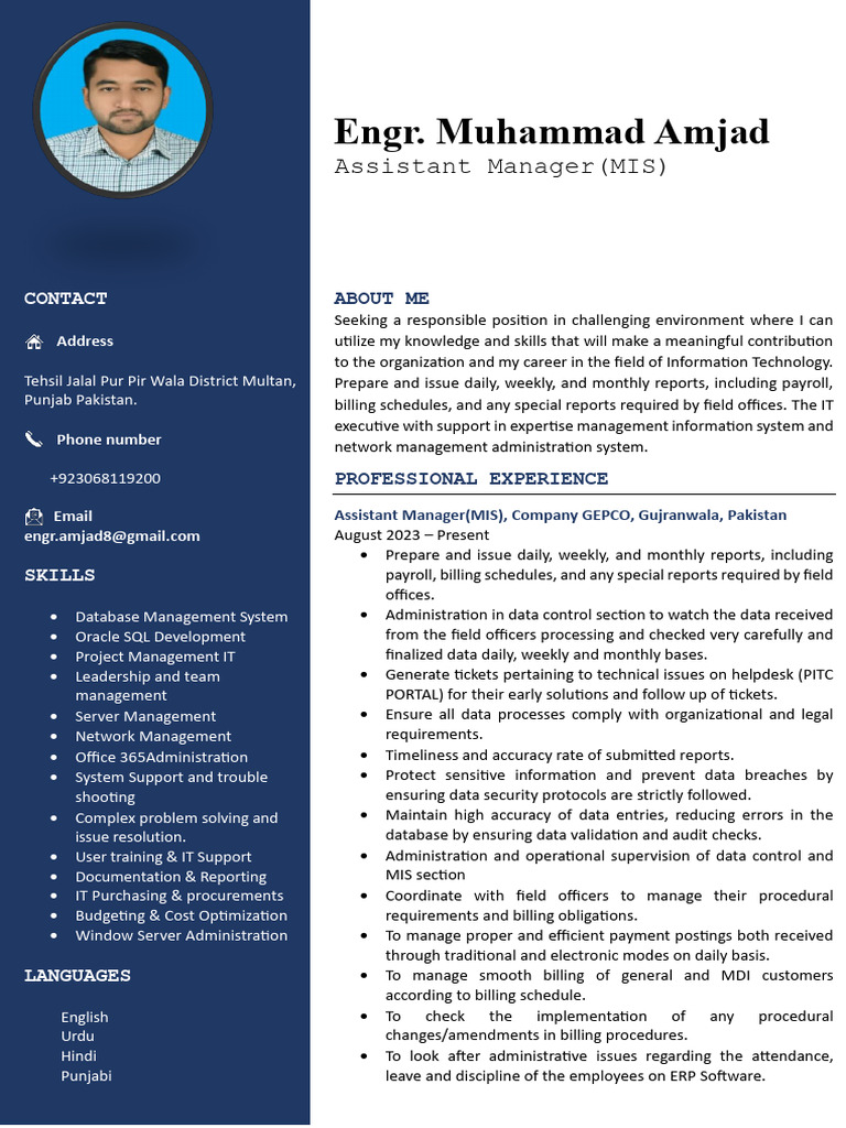 CV AMJAD | PDF | Procurement | Databases