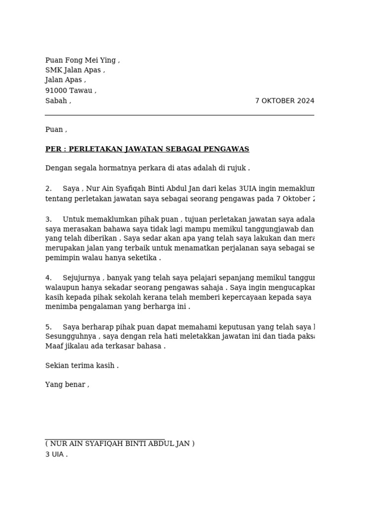 Surat Perletakan Jawatan | PDF