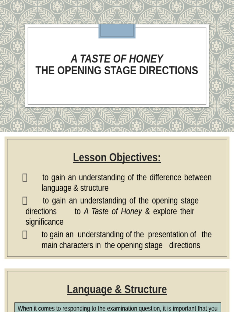 A Taste of Honey Lesson 3 The Opening Stage Directions | PDF | Human ...