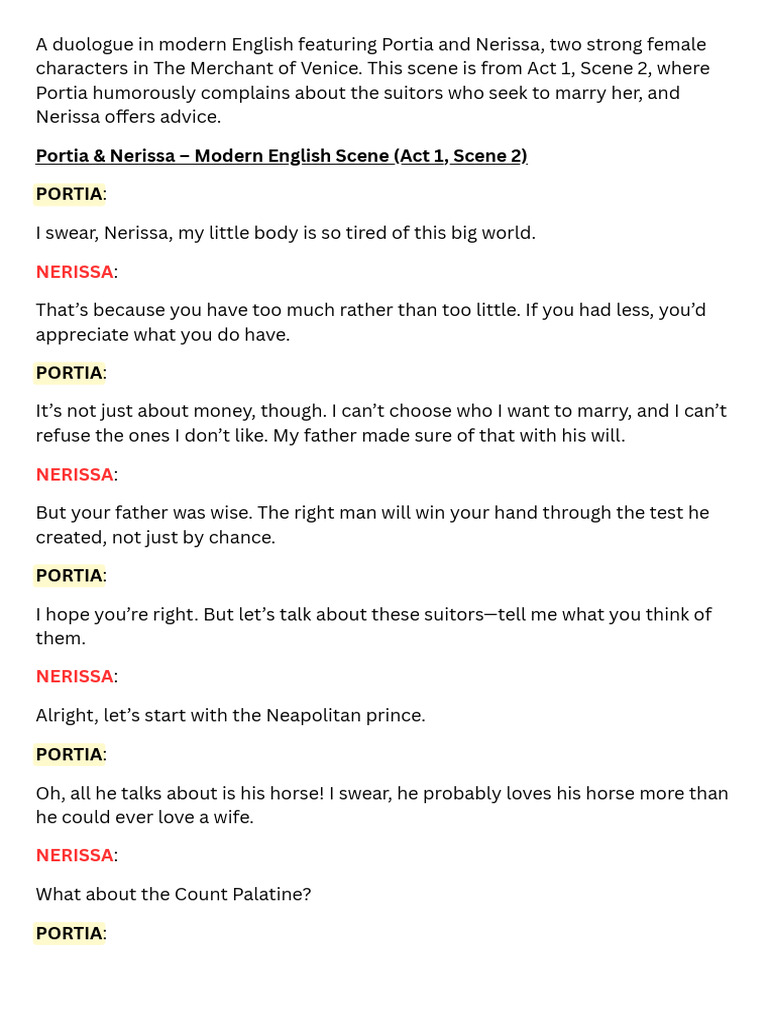 Portia and Nerissa's Modern Duologue | PDF