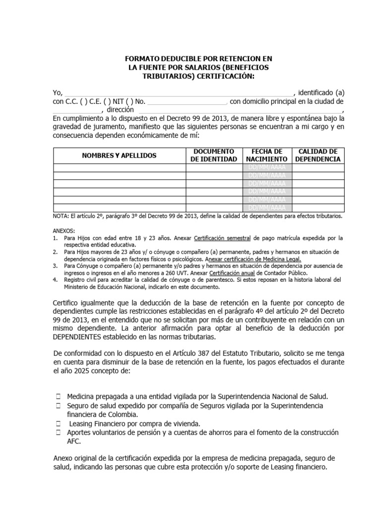 Formato Deducible Por Retencion en La Fuente Por Salarios Beneficios ...