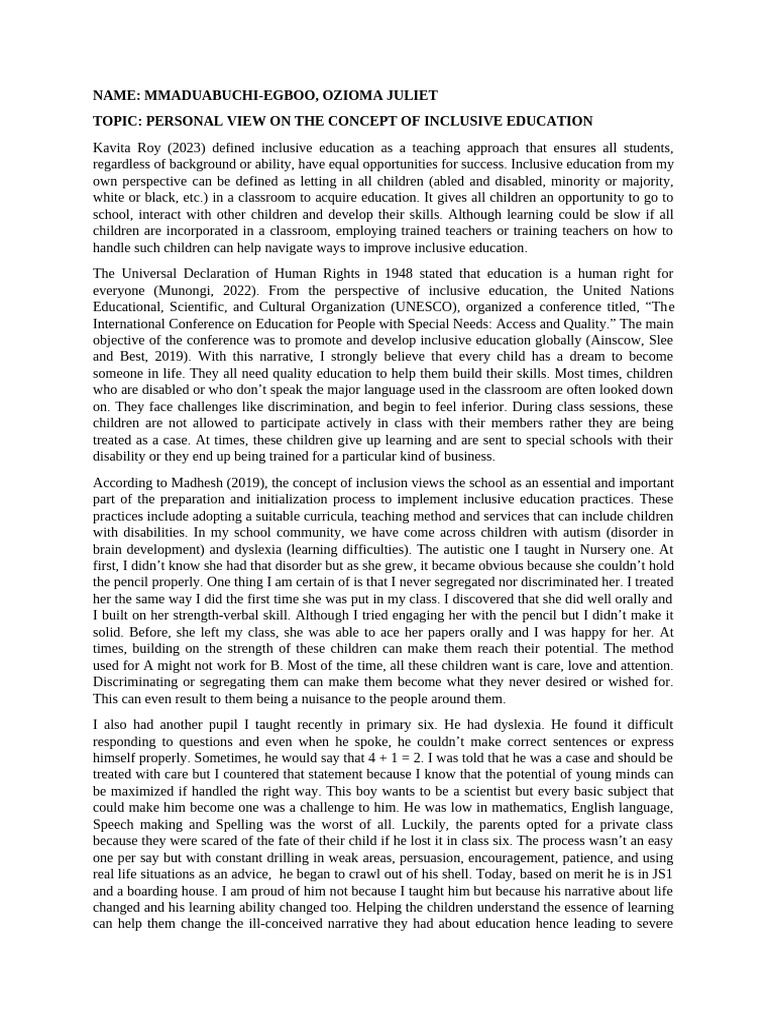 Personal View On The Concept of Inclusive Education | PDF | Inclusion (Education) | Behavior ...