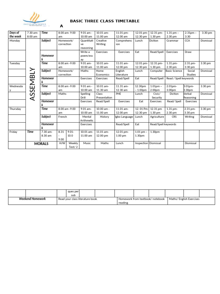 Basic Three Timetable A | PDF | Homework