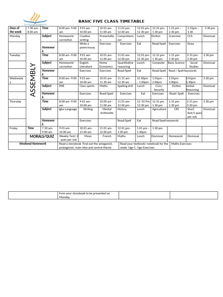 Basic Five Timetable | PDF | Homework