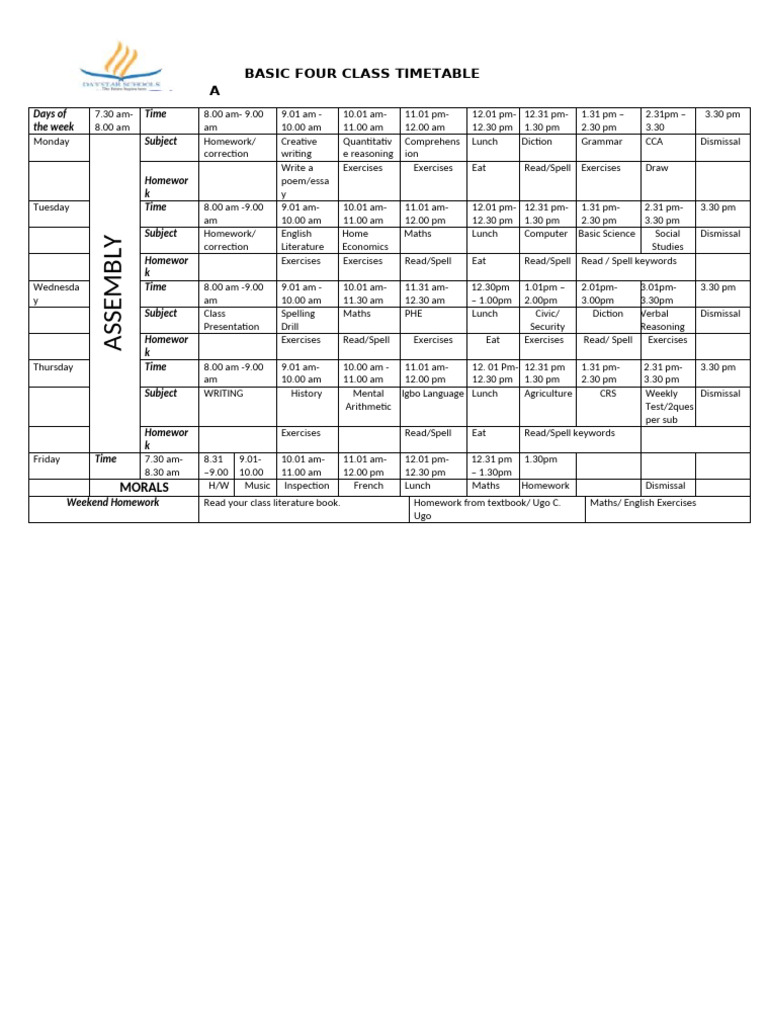 Basic Four Timetable A | PDF | Homework