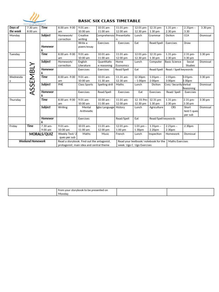 Basic Six Timetable | PDF | Homework | Learning