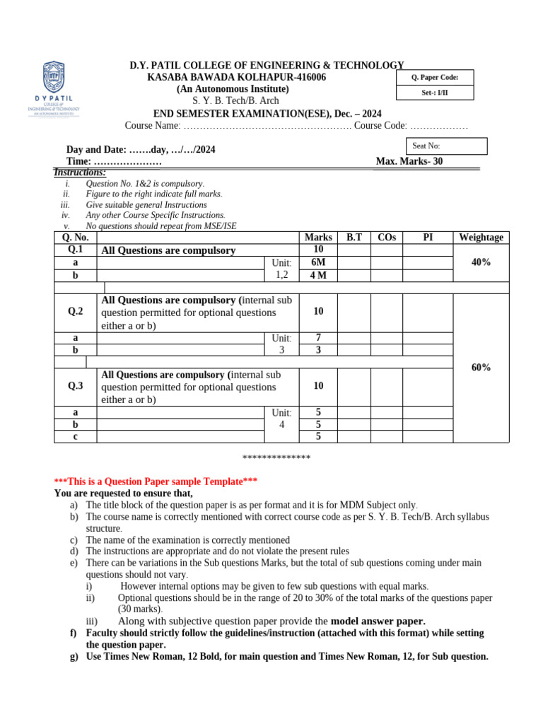 For 30 Marks - S.Y - Sample - QP - Template - SEM V - Set-I | PDF