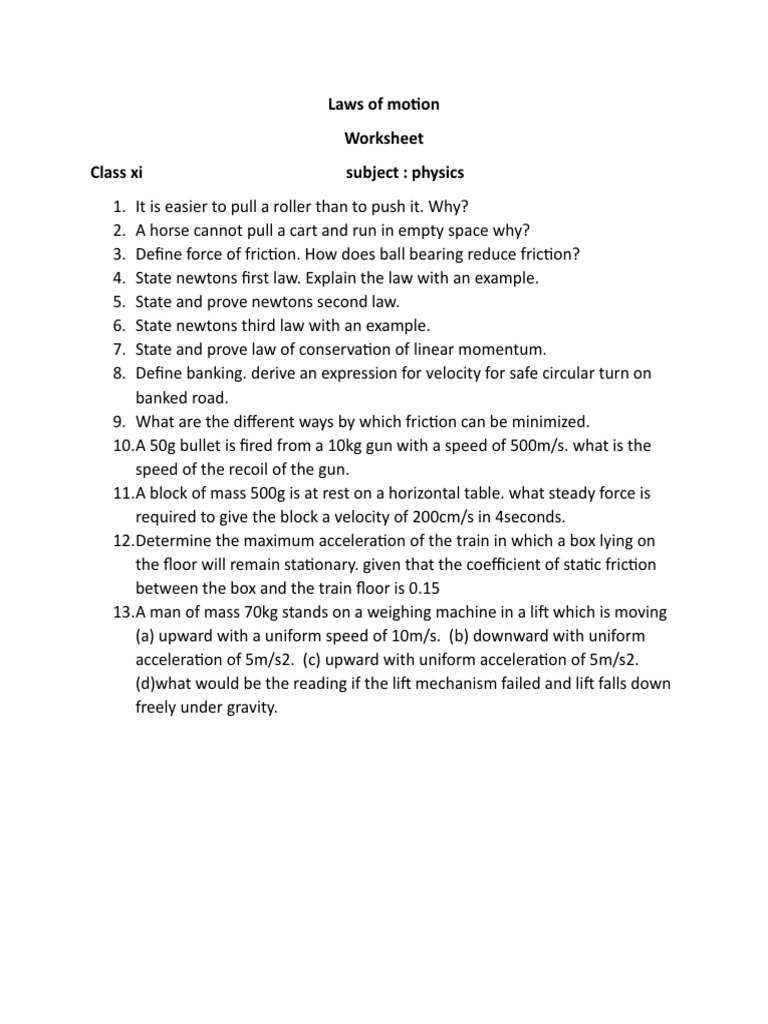 Laws of Motion Physics Worksheet | PDF