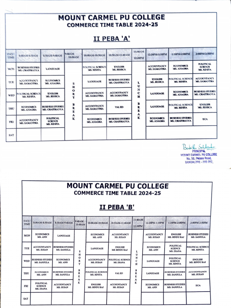 Mount Carmel PU College Commerce Timetable 2024-25 | PDF | Economies
