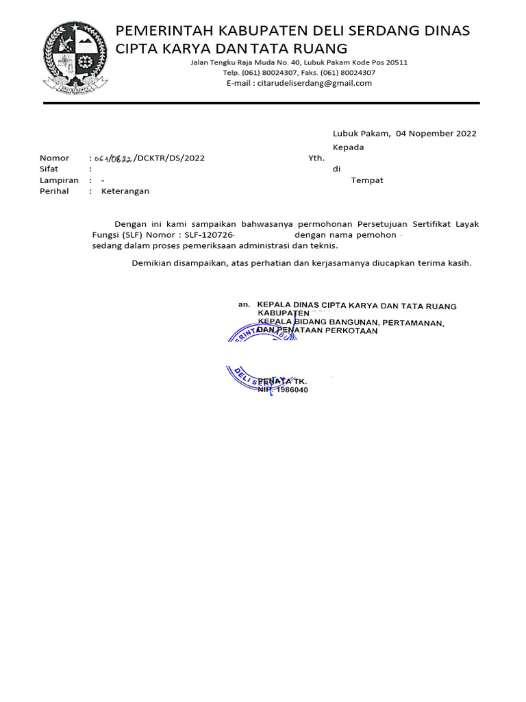 Surat Keterangan SLF Contoh | PDF