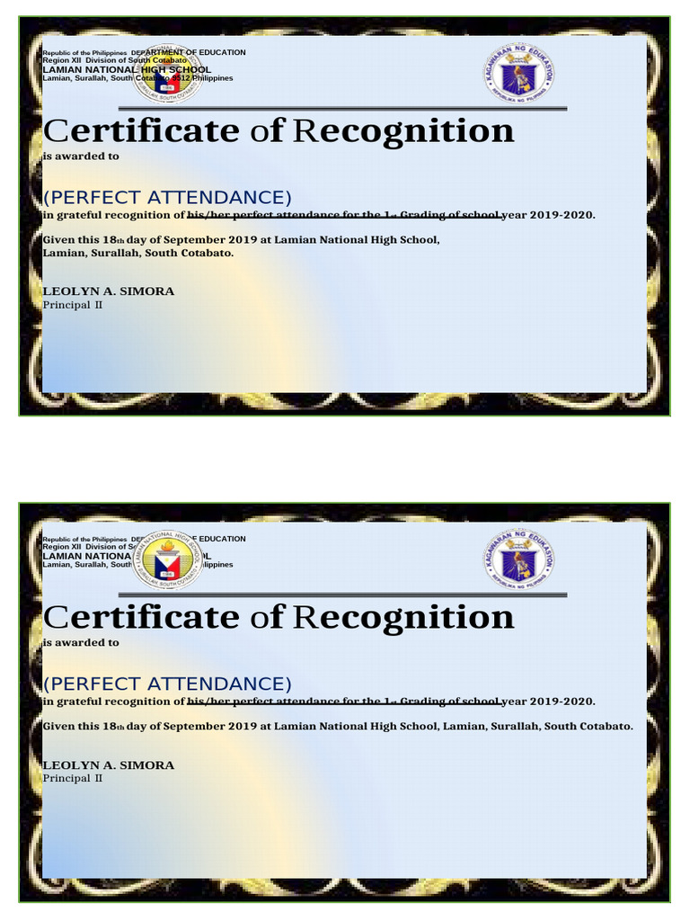 Perfect Attendance Certificate | PDF