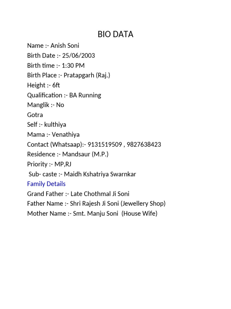 Anish Soni's Bio Data Profile | PDF