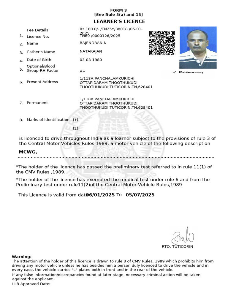 Learner'S Licence: Form 3 (See Rule 3 (A) and 13) | PDF