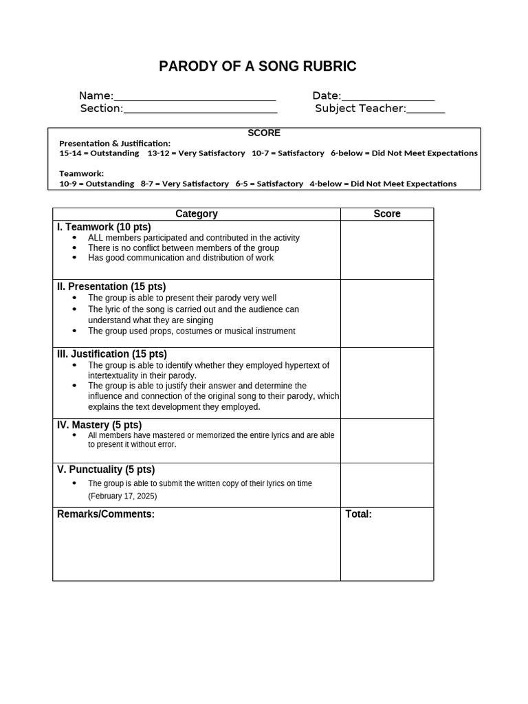Parody Song Rubric for Assessment | PDF