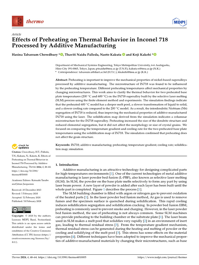 Chowdhury2024 - Effects of Preheating On Thermal Behavior in Inconel 718 Processed by AM | PDF ...