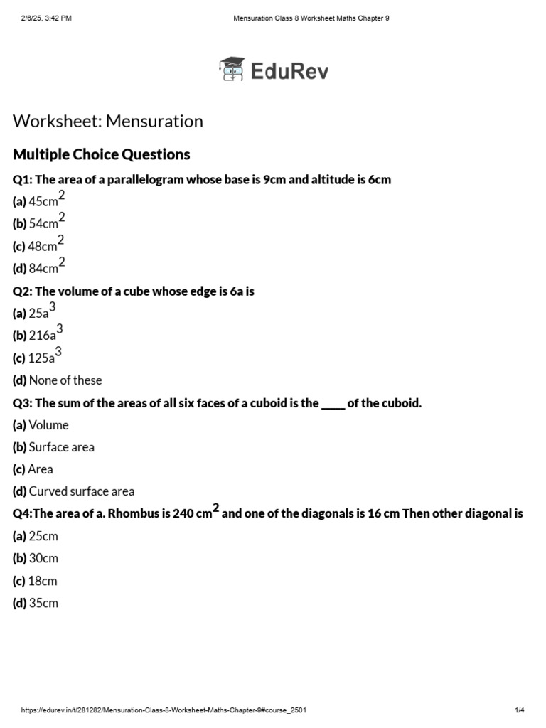 Mensuration Class 8 Worksheet Maths Chapter 9 | PDF | Area | Geometric ...