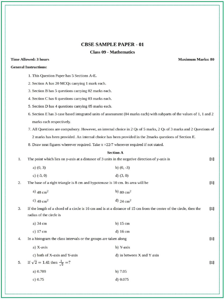Class 9 Maths Sample Paper | PDF