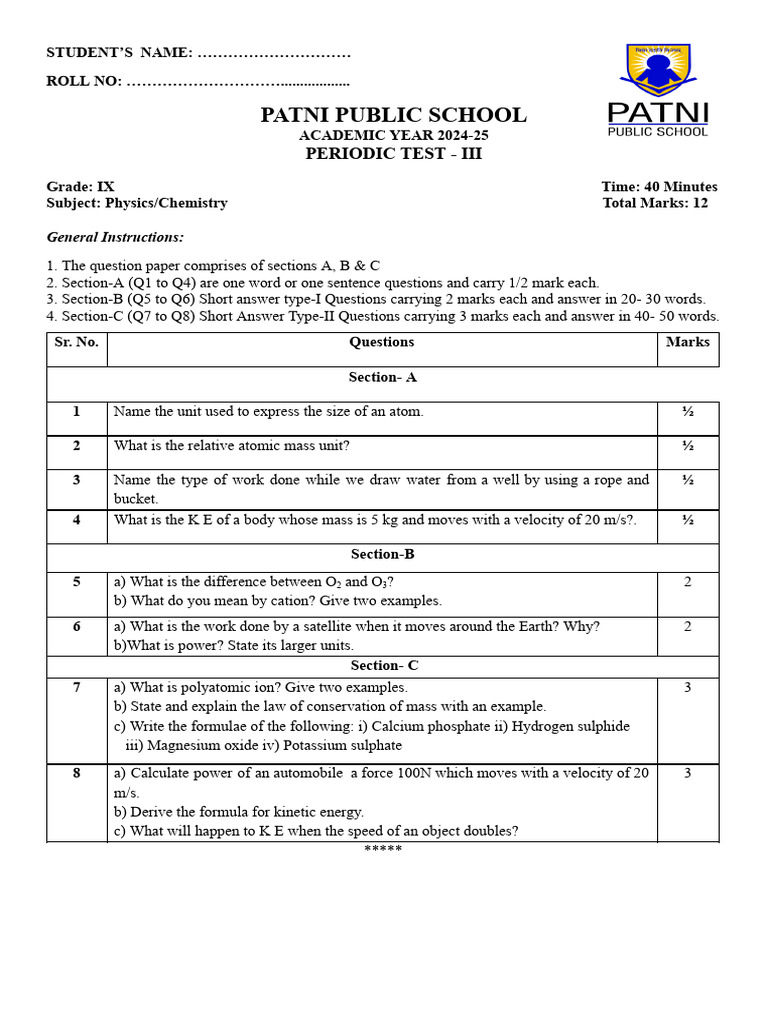 Sample QP of PT-3 G-9 Phy - Chem QP (24-25) | PDF