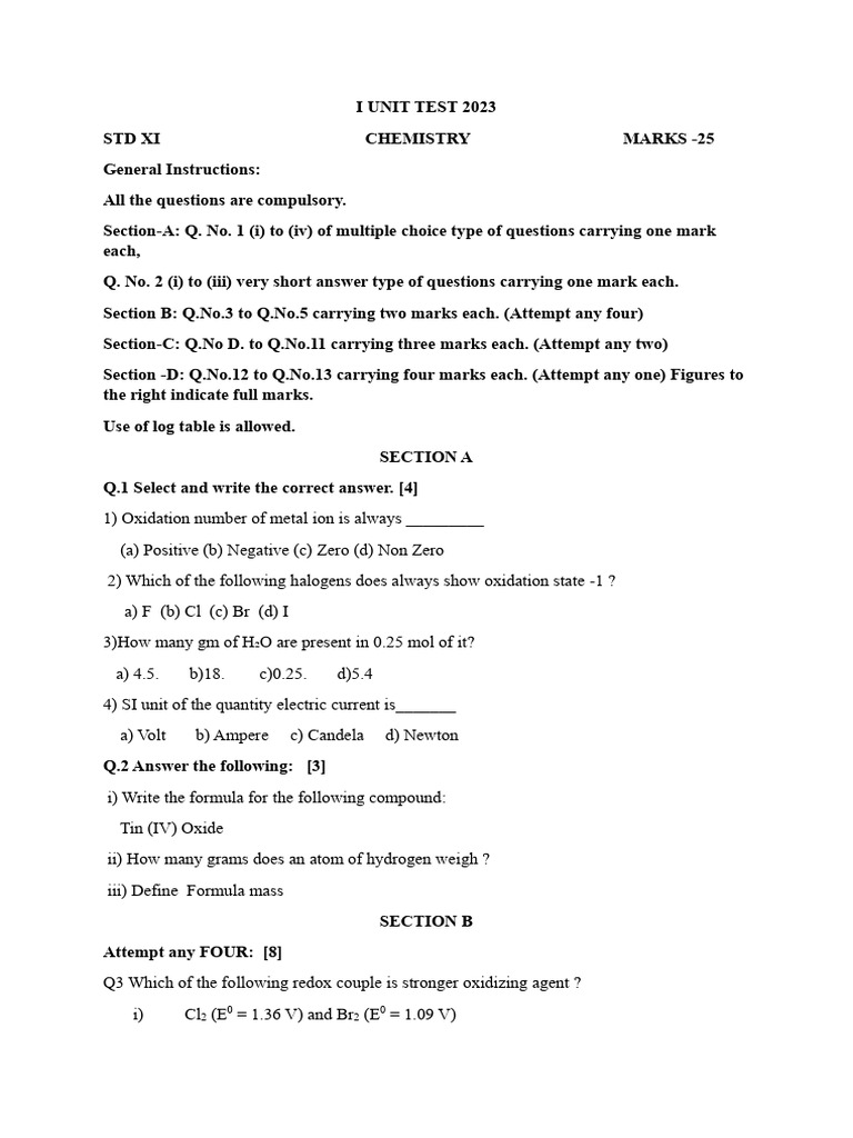 Chemistry Unit Test 2023 - Std XI | PDF | Redox | Mole (Unit)