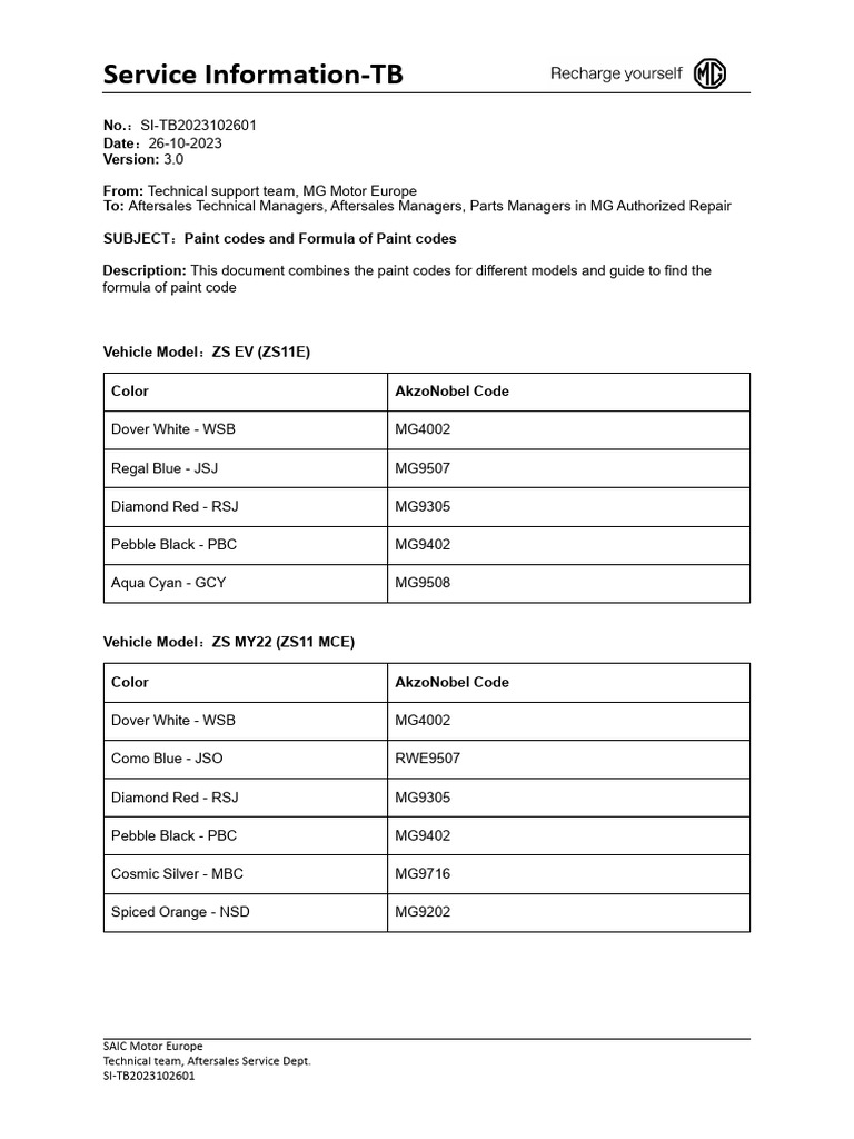 SI-TB2023102601-En MG Paint Codes | PDF | Motor Vehicle | Automotive ...