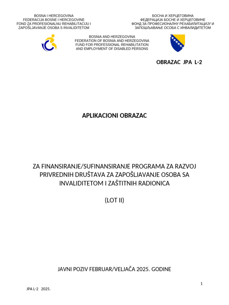 Aplikacioni Obrazac JPA L 2 Za LOT 2 2025 | PDF