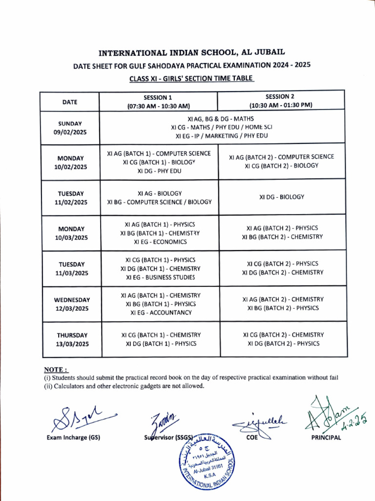Class XI - Gulf Board Practical Datesheet (Girls) | PDF