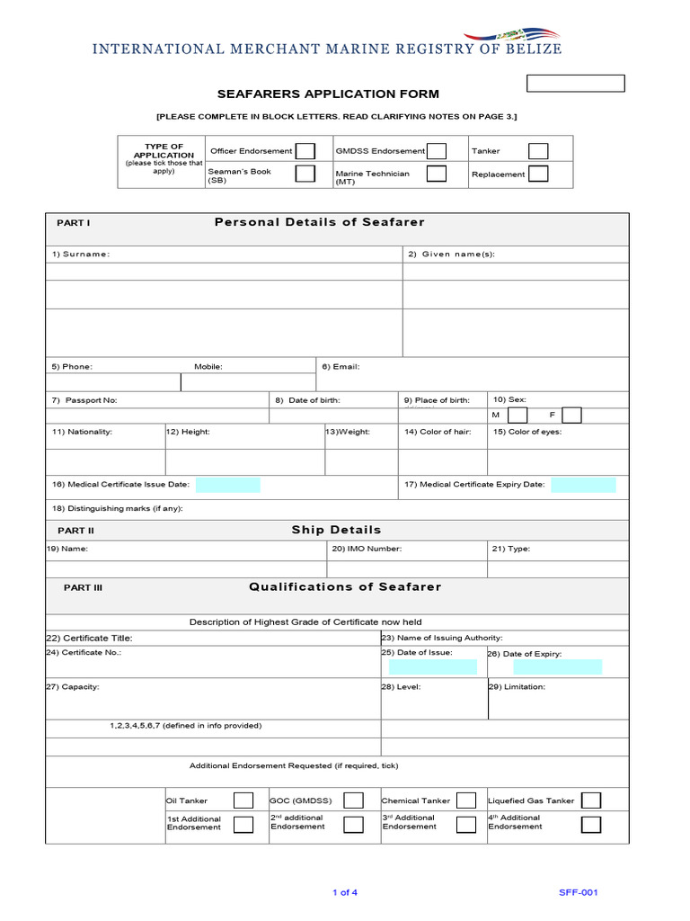 BELIZE SFF 001 Seafarers Application Form Fillable | PDF | Sailor