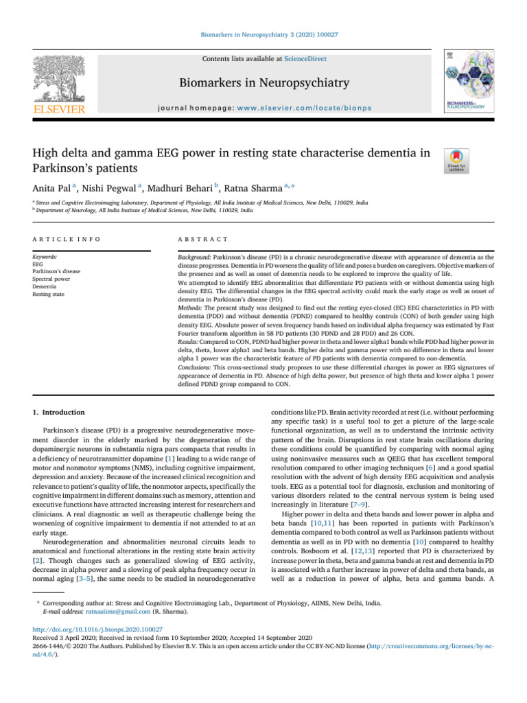 High Delta and Gamma EEG Power in Resting State Characterise Dementia ...