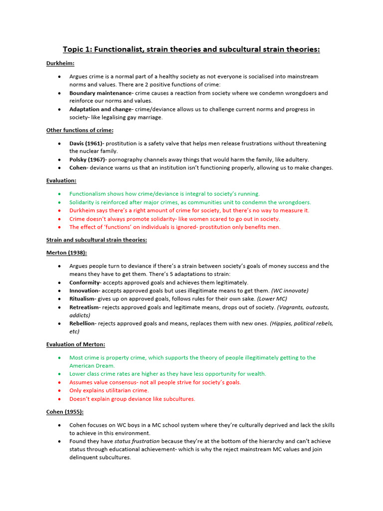 Crime & Deviance Topic 1 - Functionalist, Strain and Subcultural Strain Theories | PDF ...