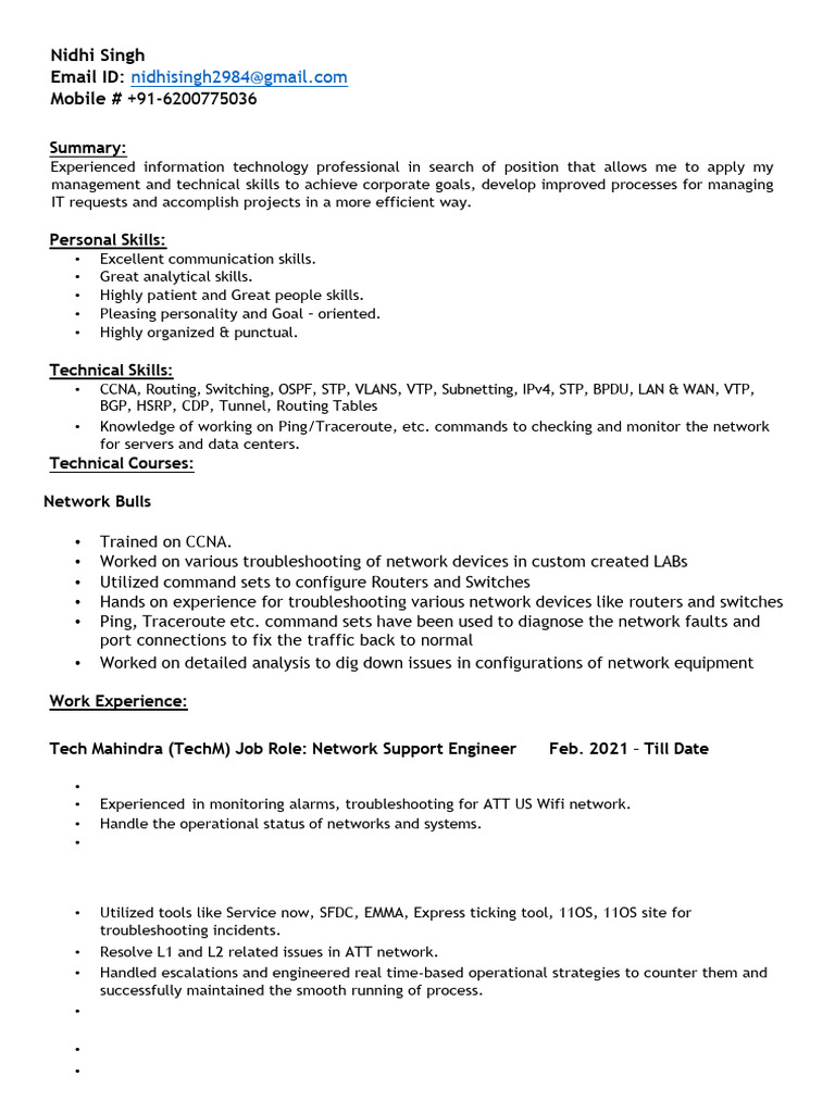 Nidhi Singh CV (3) | PDF | Computer Network | Cisco Certifications